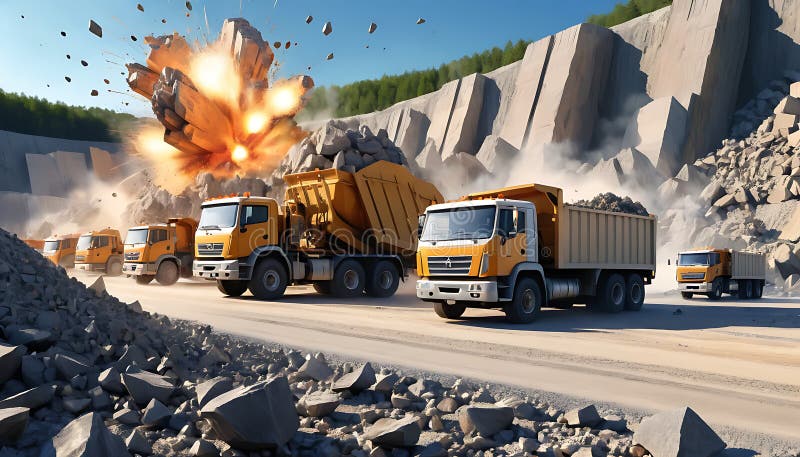 Quarry Blast & Trucks stock photo. Image of force - 373316762