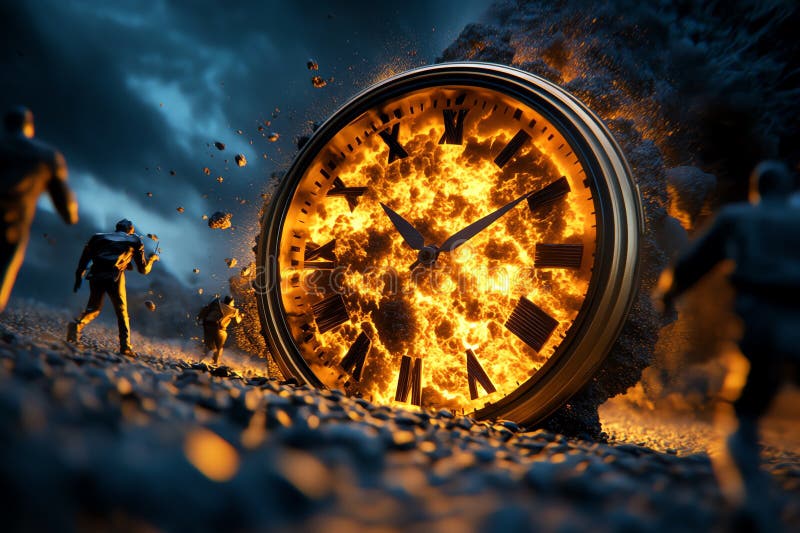 A Dramatic Image of a Giant Clock on Fire with People Running Away ...