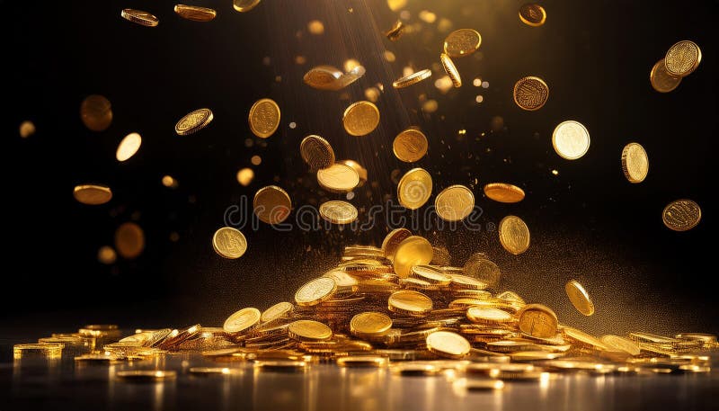 Dramatic Image of Gold Coins Cascading Down in Slow Motion, Illuminated ...