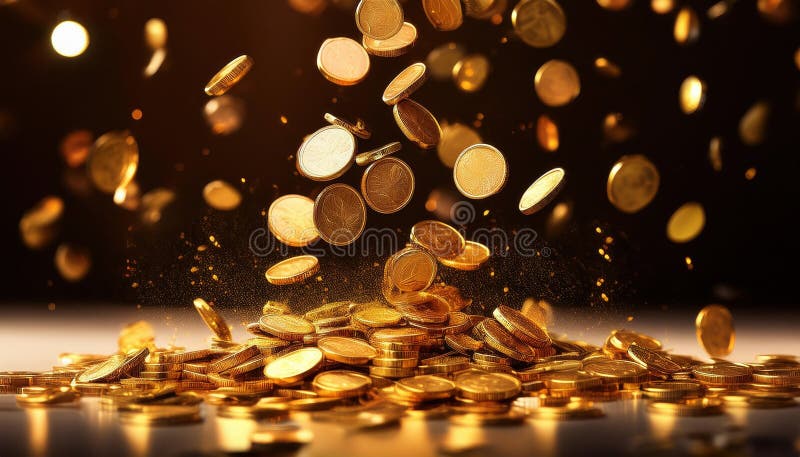 Dramatic Image of Gold Coins Cascading Down in Slow Motion, Illuminated ...