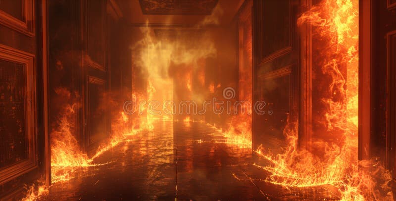 Dramatic Image of a Hallway Engulfed in Intense Flames and Smoke Stock ...