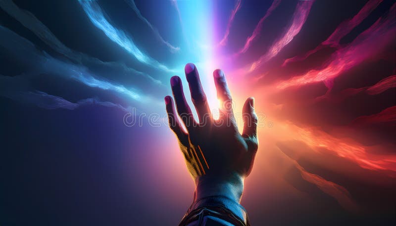 A Dramatic Image of a Hand Reaching Toward a Vibrant, Glowing Light ...