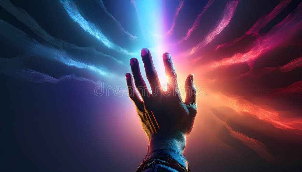 A Dramatic Image of a Hand Reaching Toward a Vibrant, Glowing Light ...