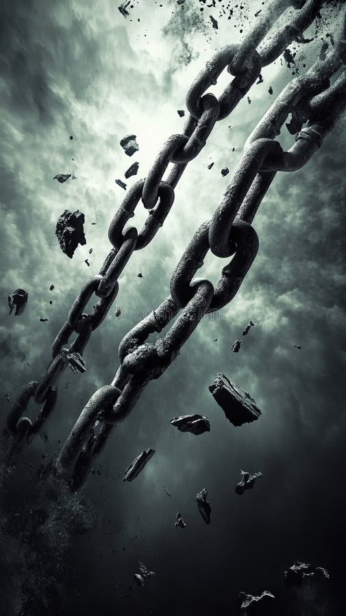 Dramatic Image of Heavy Chains Breaking Amidst Dark Clouds and Falling ...