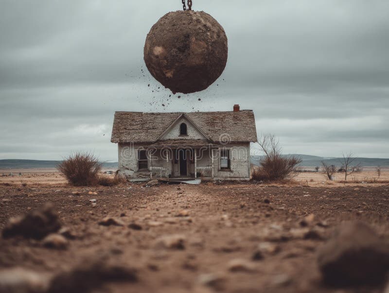 A Dramatic Image of a House Being Demolished by a Wrecking Ball Stock ...