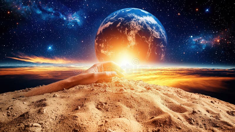 Hand Emerging from Sand Beneath a Rising Sun with Earth in the Sky ...