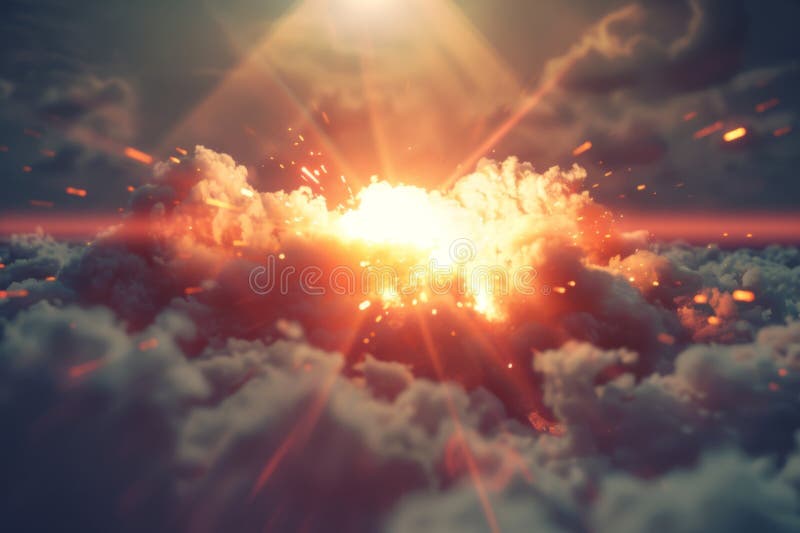 Intense Explosion among Clouds with Sublight Rays Stock Image - Image ...