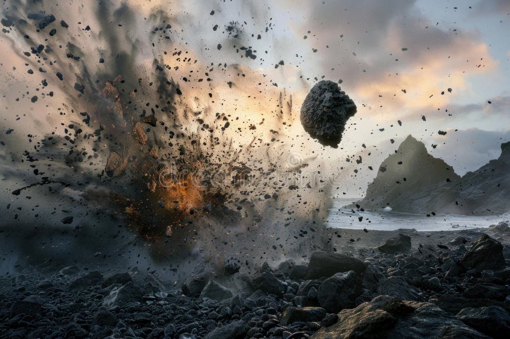 Huge Asteroid Exploding Over Ocean Coastline with Rocks Flying through ...