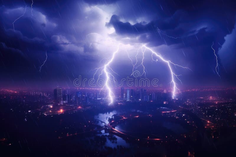 A Dramatic Image of a Lightning Storm Over a City at Night. this ...
