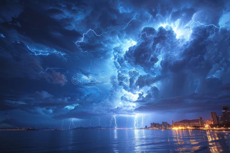A Dramatic Image of a Lightning Storm Over a City Skyline Stock Image ...