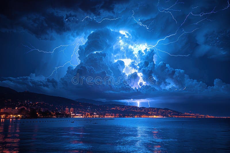 A Dramatic Image of a Lightning Storm Over a City Skyline Stock Image ...