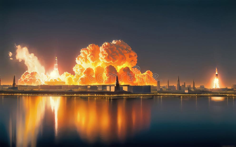 Dramatic Image of Massive Explosion Destroying City with Reflection in ...