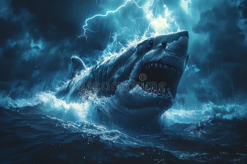 A Dramatic Image of a Megalodon Swimming through a Stormy Ocean, with ...
