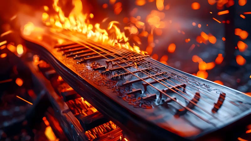 Musical Instrument on Fire with Flames and Sparking Embers Stock ...
