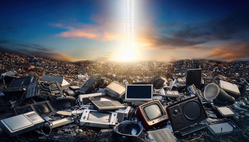 Dramatic Image of Old Electronics Stacked in Landfill, Illuminated by ...