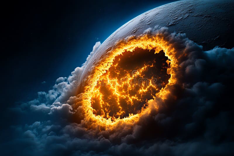 Dramatic Image of a Planet with a Fiery Impact Crater Enveloped in ...