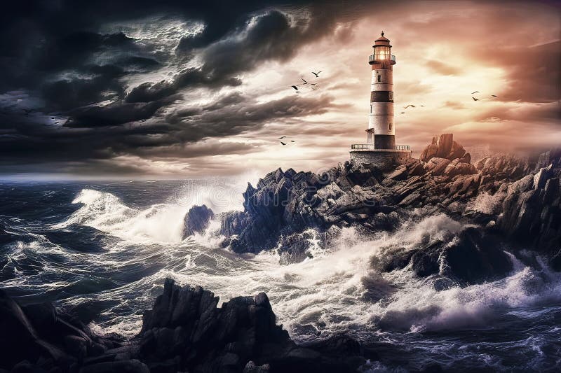 Dramatic Image of Sharp Rocks with Lighthouse in Raging Sea with Dark ...