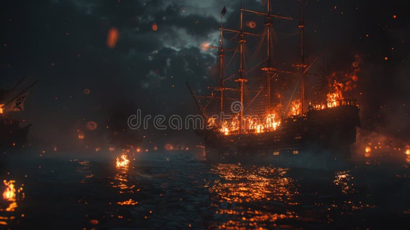 A Dramatic Image of a Ship Engulfed in Flames on the Water. Suitable ...
