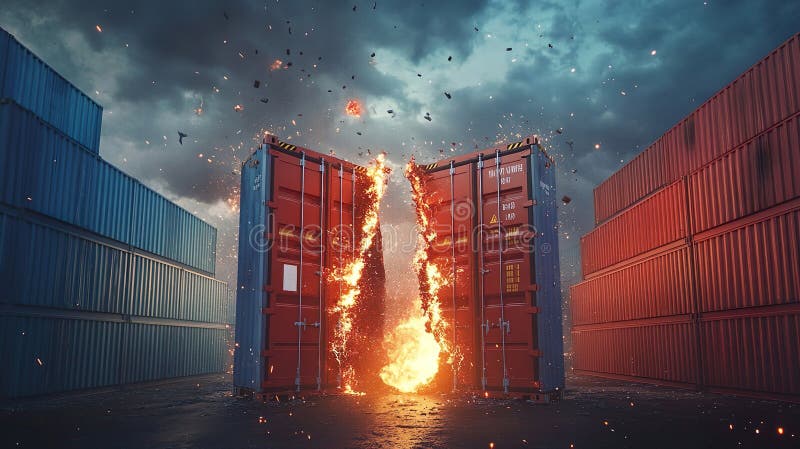 Burning Shipping Container Explosion in Freight Yard Stock Photo ...