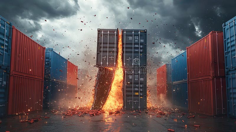 Burning Shipping Container Explosion in Freight Yard Stock Image ...