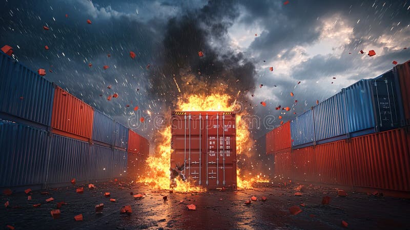 Burning Shipping Container Explosion in Freight Yard Stock Photo ...