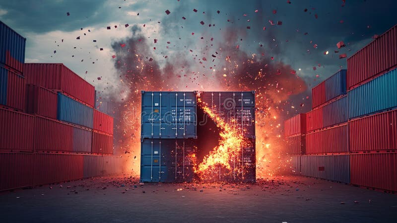 Burning Shipping Container Explosion in Freight Yard Stock Photo ...