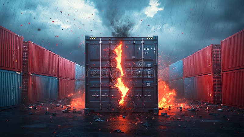 Burning Shipping Container Explosion in Freight Yard Stock Image ...