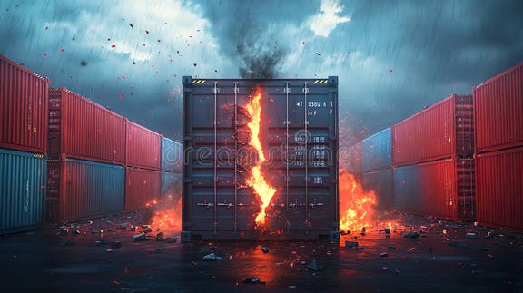 Burning Shipping Container Explosion in Freight Yard Stock Image ...