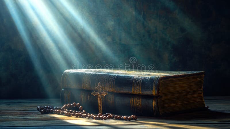 Dramatic Image Showing a Bright Light Beam Shining on an Old Bible with ...