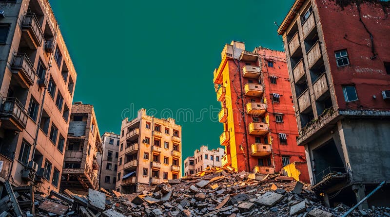 Ruined Buildings after Disaster Debris Destruction Scene Stock ...