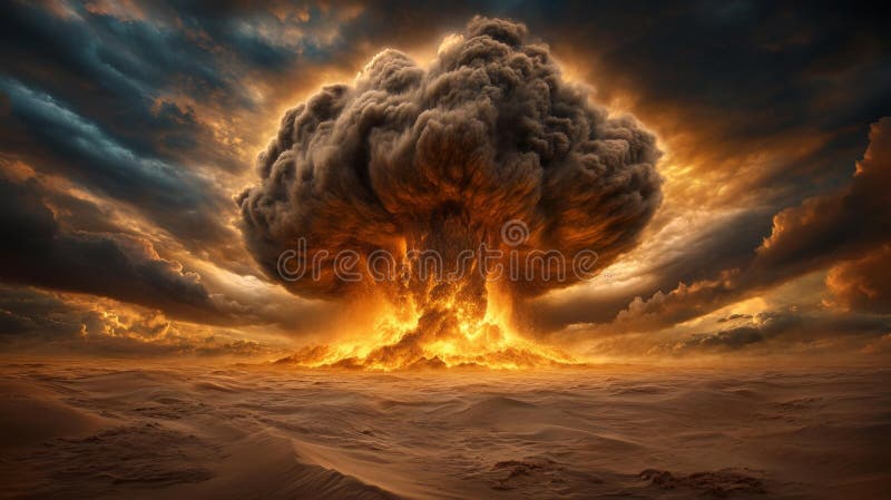 Nuclear Explosion in a Desert Landscape with Fiery Orange Sky and ...