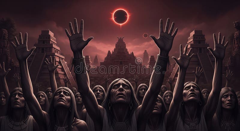 Eclipse Over Ancient Pyramids with People Raising Hands Stock Photo ...