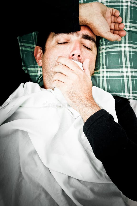 Dramatic Image of a Sick Man in Bed and Coughing Stock Image - Image of ...