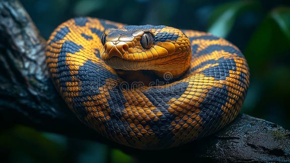 A Dramatic Image of a Snake Coiled Around a Tree Branch Stock Image ...