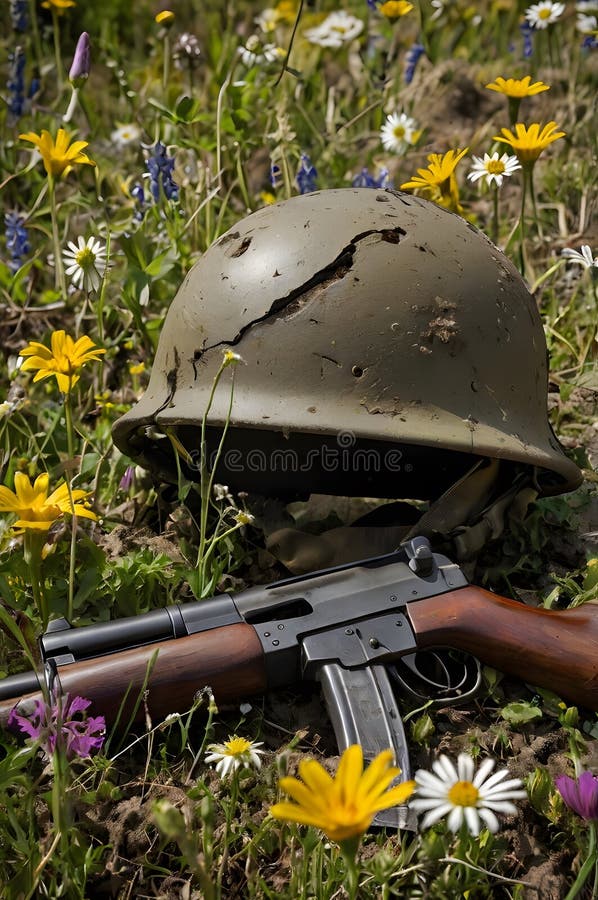 A Dramatic Image of a Soldier S Helmet and Broken Rifle Lying Stock ...