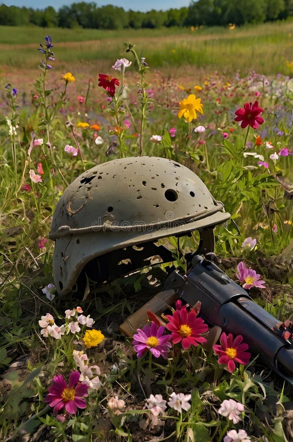 A Dramatic Image of a Soldier S Helmet and Broken Rifle Lying Stock ...