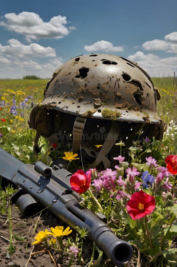 A Dramatic Image of a Soldier S Helmet and Broken Rifle Lying Stock ...