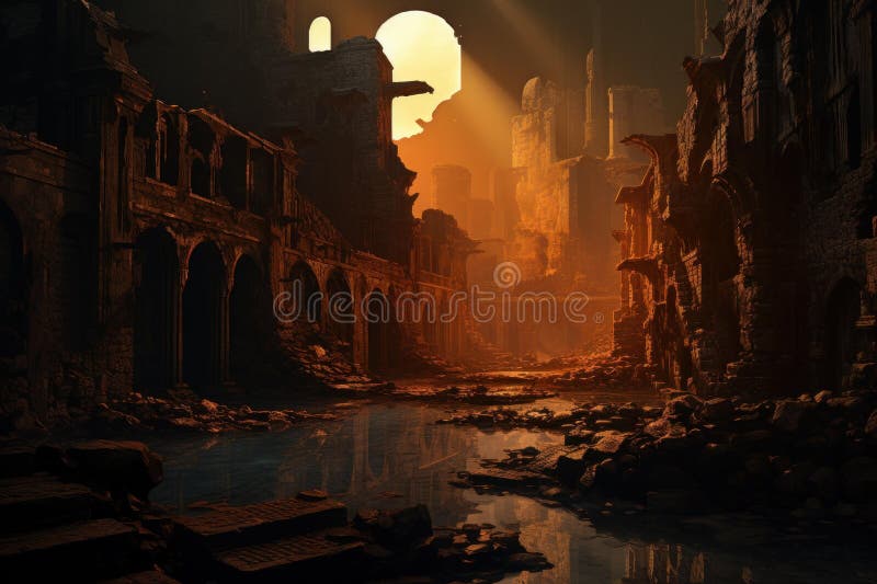 Dramatic Image of Sun Setting Behind the Ruins of a Once-great City ...
