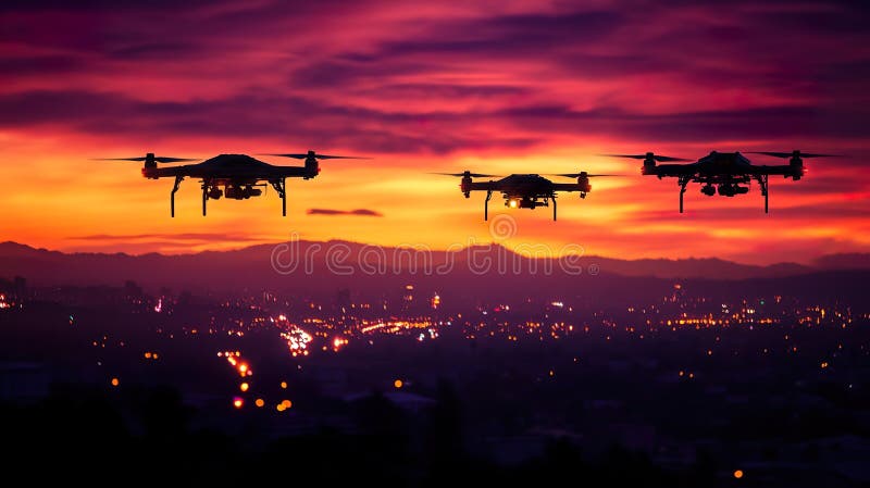 Three Surveillance Drones Flying at Sunset Over Cityscape Stock Image ...