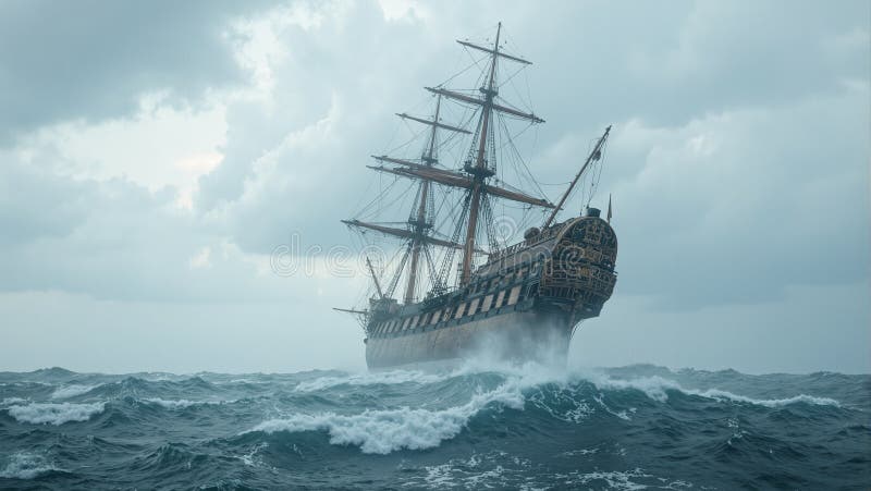 Dramatic Image of a Wooden Clipper Ship in a Stormy Sea with Towering ...