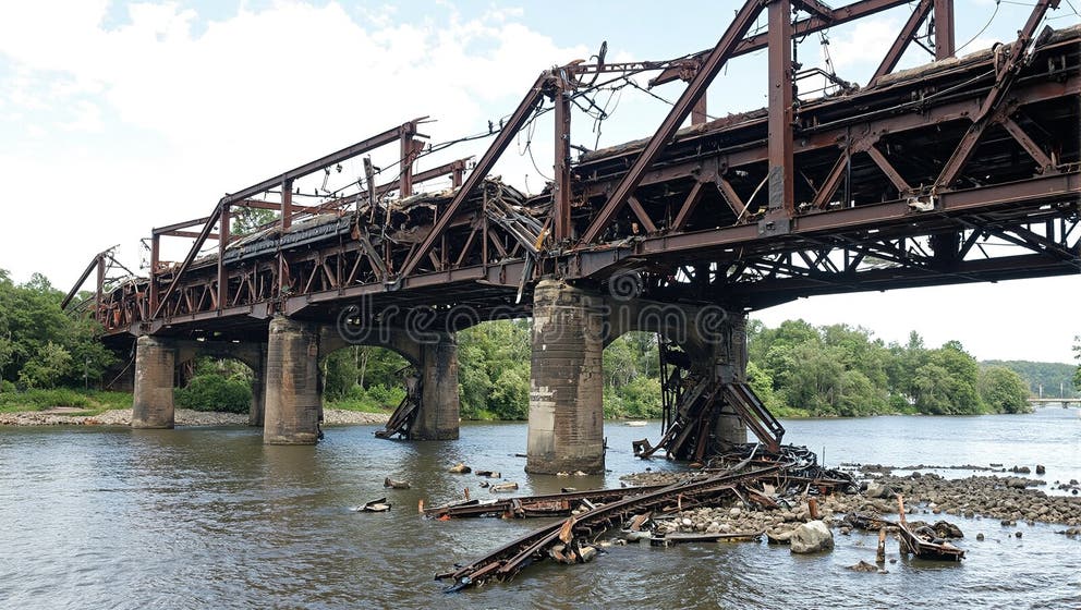 Dramatic Image of a Wrecked Railway Bridge Above a River Stock ...