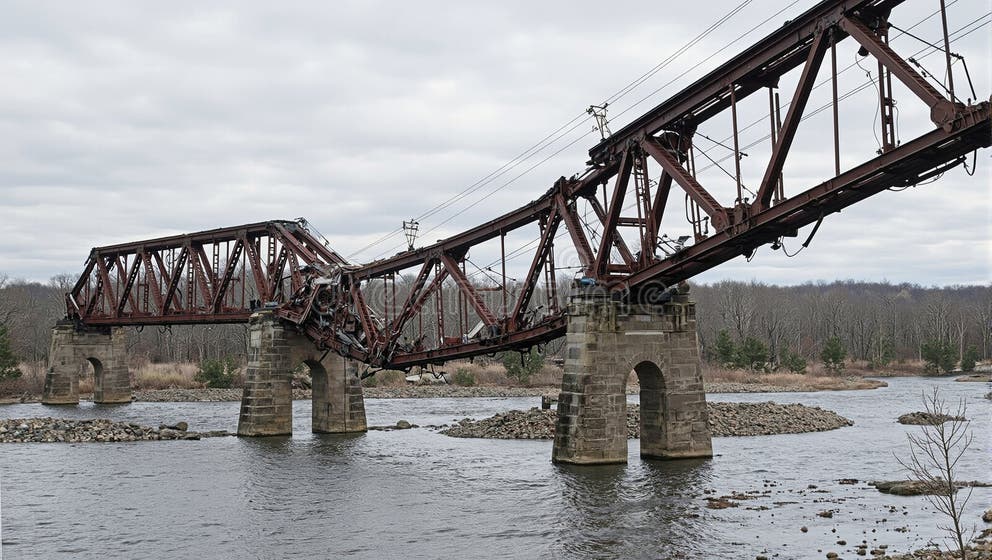 Dramatic Image of a Wrecked Railway Bridge Above a River Stock ...