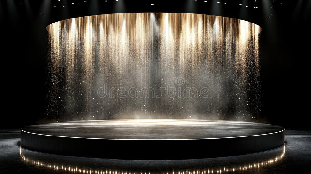 Dramatic Indoor Circular Stage with Golden Light and Waterfall Effect ...