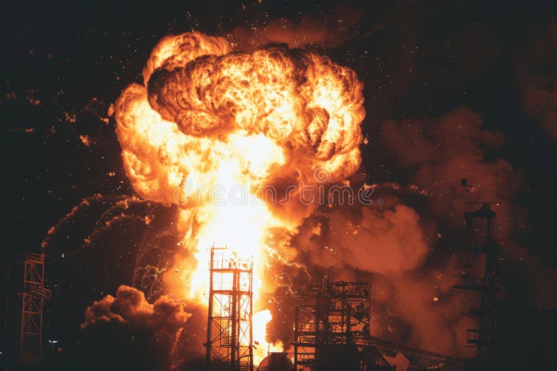 Dramatic Industrial Explosion at Night with Fiery Clouds Stock Photo ...