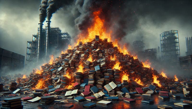 Dramatic Industrial Scene with Burning Books and Factory Smoke Stock ...