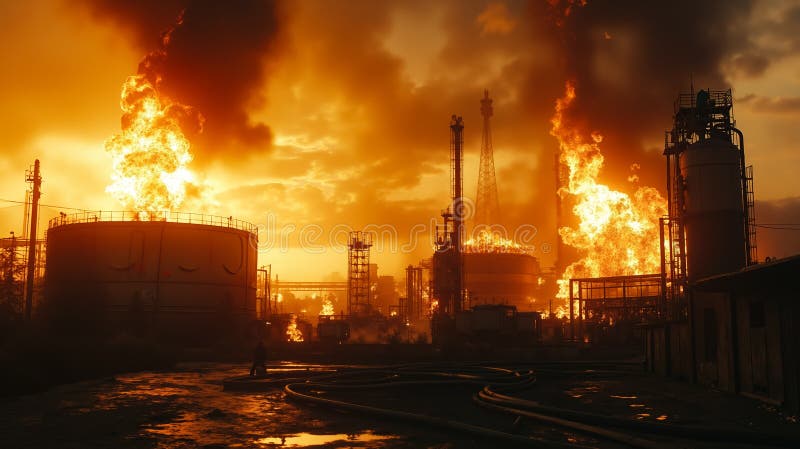 A Large Industrial Area with a Lot of Fire in the Background Stock ...