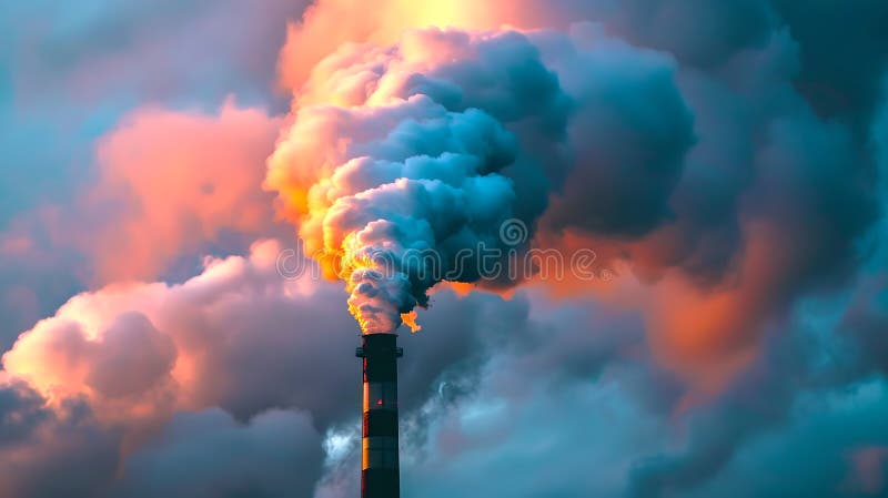 Dramatic Industrial Smoke Plume Against Vibrant Sunset Sky. Pollution ...