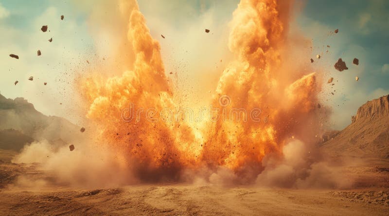 A Dramatic and Intense Explosion Unfolds in a Vast Desert Landscape ...