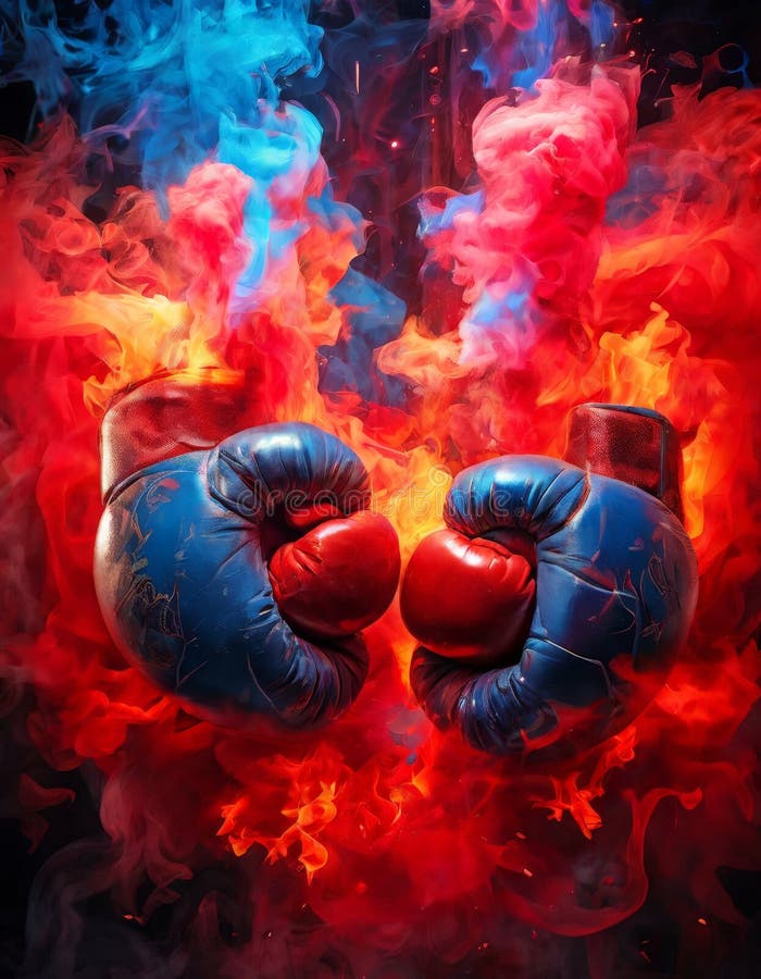 Fiery Clash of Boxing Gloves in Blue and Red Smoke Stock Image - Image ...