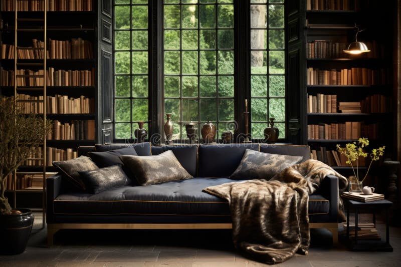 Dramatic Interior Design, Bed, Sofa, Table, Books, and Natural Lighting ...